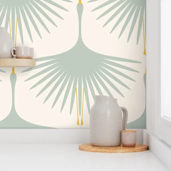 Spoonflower Large Art Deco Swans Custom Pre-pasted Wallpaper - Cream