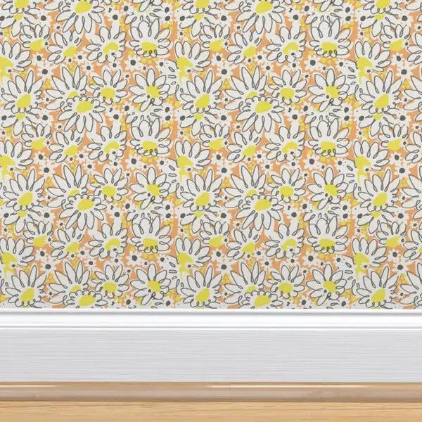 Spoonflower Hot Daisy In Peach 100% Natural Sisal Grasscloth Wallcovering
