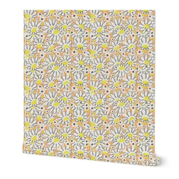 Spoonflower Hot Daisy In Peach 100% Natural Sisal Grasscloth Wallcovering