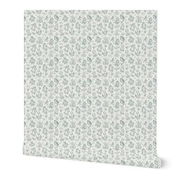 Spoonflower Blue Tattoos 100% Natural Sisal Grasscloth Wallcovering - Blue,gray