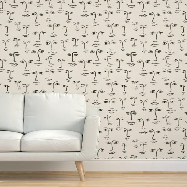 Spoonflower Faces Mono Sketchy Black Off White 100% Natural Sisal Grasscloth Wallcovering
