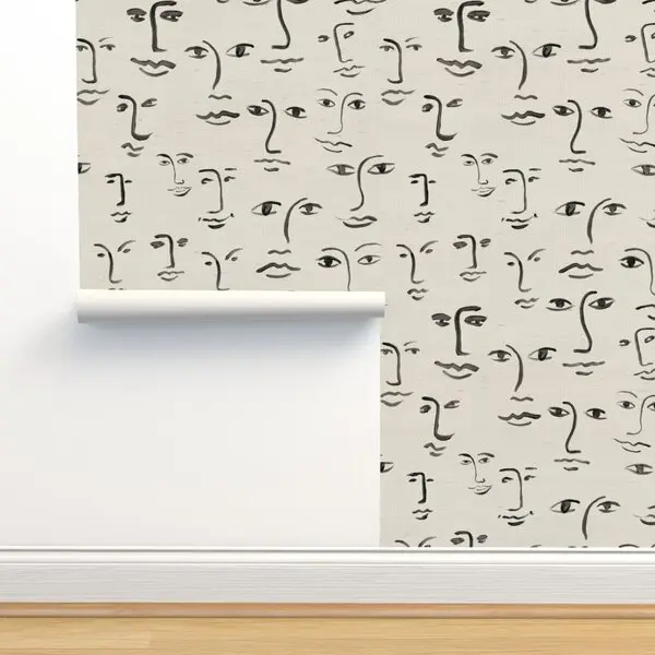 Spoonflower Faces Mono Sketchy Black Off White 100% Natural Sisal Grasscloth Wallcovering