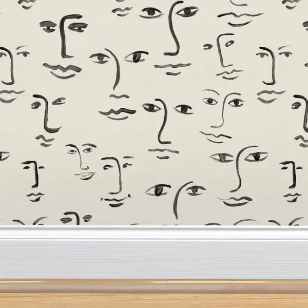 Spoonflower Faces Mono Sketchy Black Off White 100% Natural Sisal Grasscloth Wallcovering