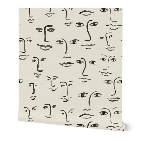 Spoonflower Faces Mono Sketchy Black Off White 100% Natural Sisal Grasscloth Wallcovering