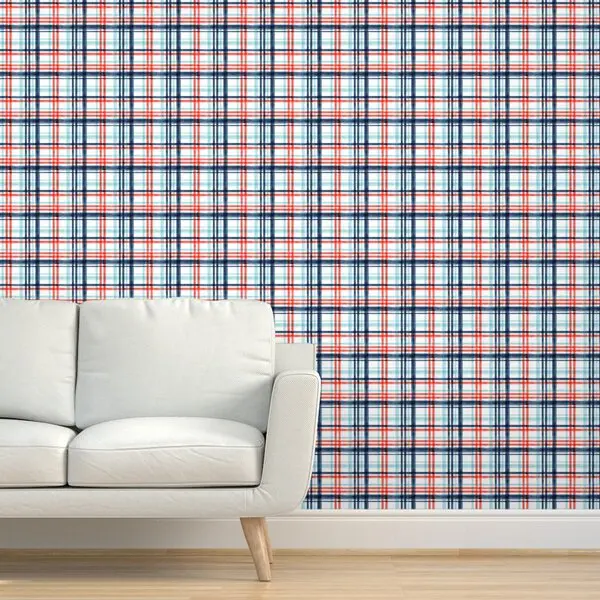 Spoonflower Blue Plaid Spring July 4th Watercolor Red White Custom Pre-pasted Wallpaper