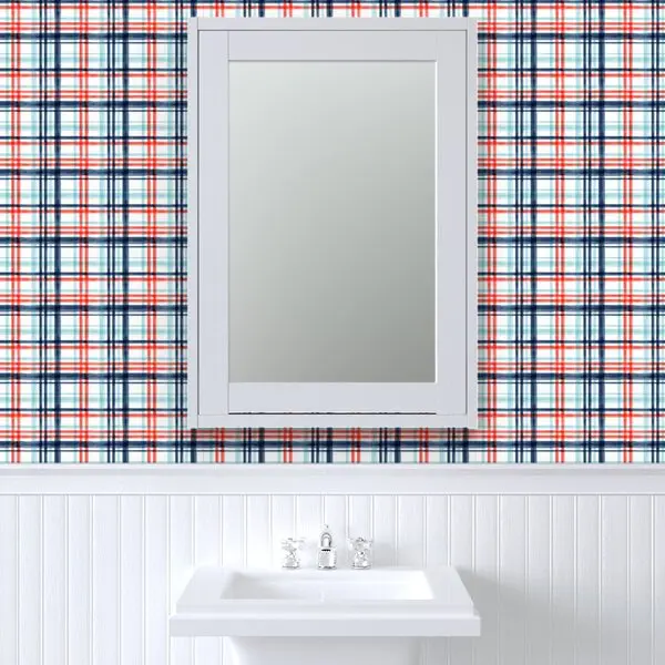 Spoonflower Blue Plaid Spring July 4th Watercolor Red White Custom Pre-pasted Wallpaper