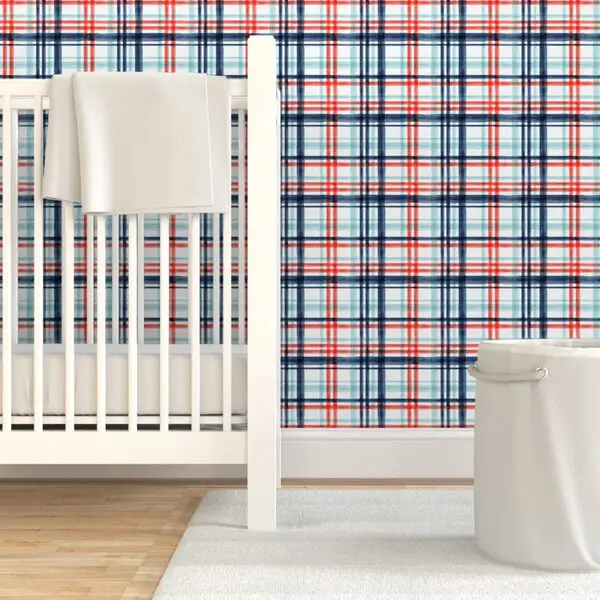 Spoonflower Blue Plaid Spring July 4th Watercolor Red White Custom Pre-pasted Wallpaper