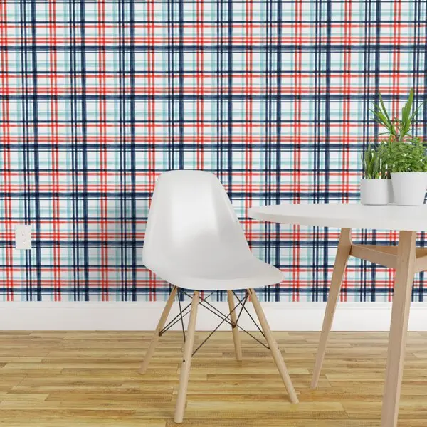 Spoonflower Blue Plaid Spring July 4th Watercolor Red White Custom Pre-pasted Wallpaper