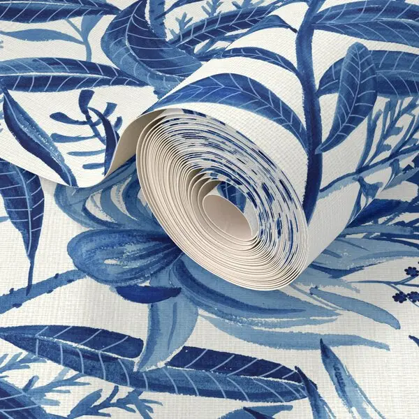 Spoonflower Blue And White Protea Painted Large 100% Natural Sisal Grasscloth Wallcovering - White,blue