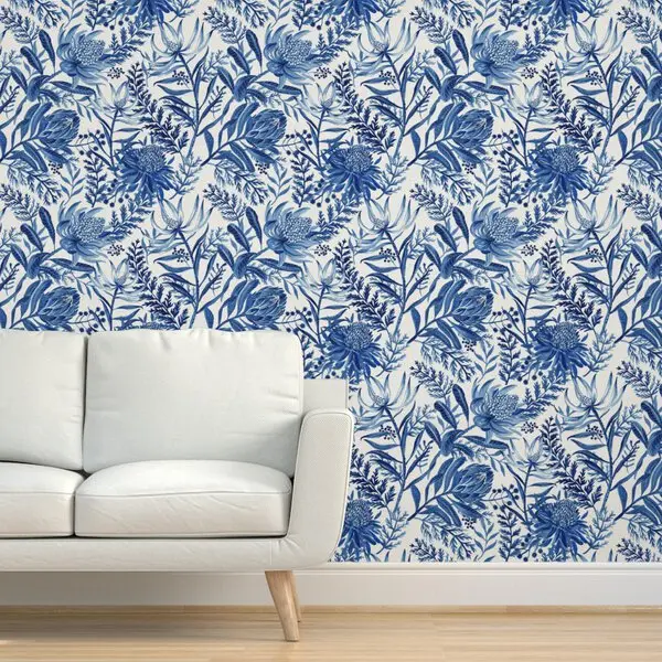 Spoonflower Blue And White Protea Painted Large 100% Natural Sisal Grasscloth Wallcovering - White,blue