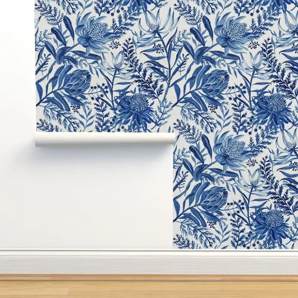 Spoonflower Blue And White Protea Painted Large 100% Natural Sisal Grasscloth Wallcovering - White,blue