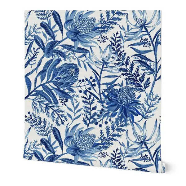 Spoonflower Blue And White Protea Painted Large 100% Natural Sisal Grasscloth Wallcovering - White,blue