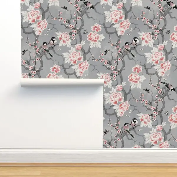Spoonflower Chinoiserie Birds Grey 100% Natural Sisal Grasscloth Wallcovering