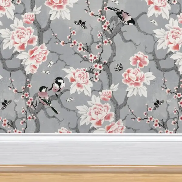 Spoonflower Chinoiserie Birds Grey 100% Natural Sisal Grasscloth Wallcovering