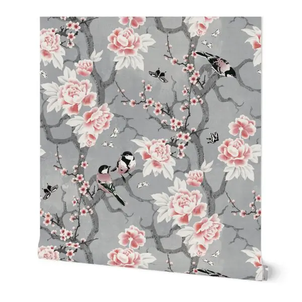 Spoonflower Chinoiserie Birds Grey 100% Natural Sisal Grasscloth Wallcovering