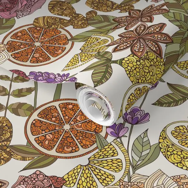 Spoonflower Vintage Orange Mint Lime Rose Lavender Custom Pre-pasted Wallpaper - Green,orange,brown