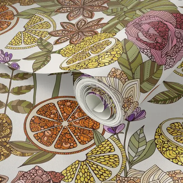 Spoonflower Vintage Orange Mint Lime Rose Lavender Custom Pre-pasted Wallpaper - Green,orange,brown