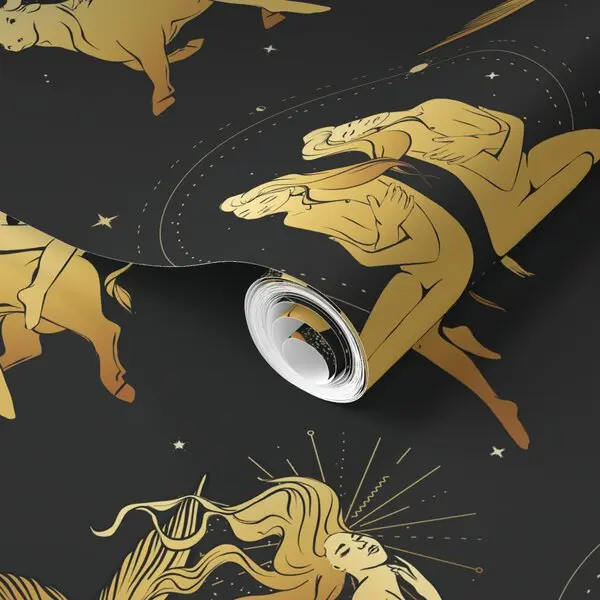 Spoonflower Celestial Zodiac Universe Astrology Stars Custom Pre-pasted Wallpaper - Black,gold,yellow