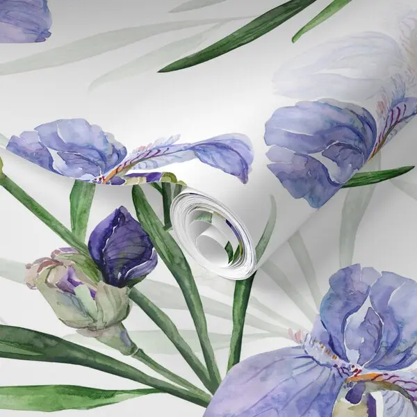 Spoonflower Iris Blue Flowers Floral Large Botanical Garden Custom Pre-pasted Wallpaper - White,purple,green