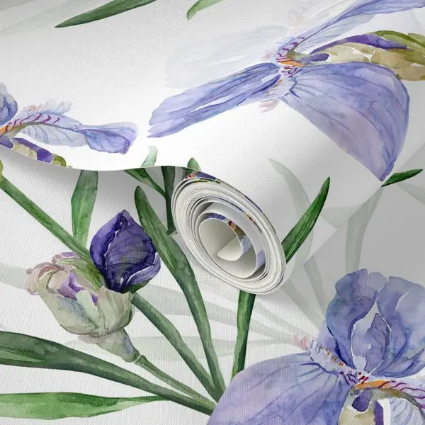 Spoonflower Iris Blue Flowers Floral Large Botanical Garden Custom Pre-pasted Wallpaper - White,purple,green