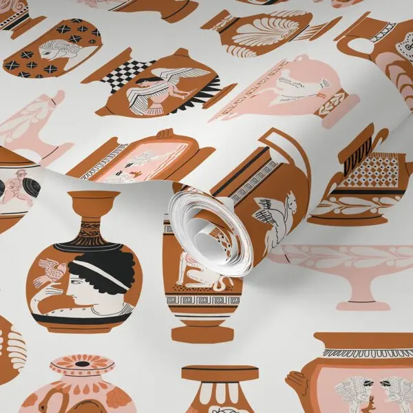 Spoonflower Ancient Home Historical Pottery Rust Orange Pink Custom Pre-pasted Wallpaper - Orange,pink,white