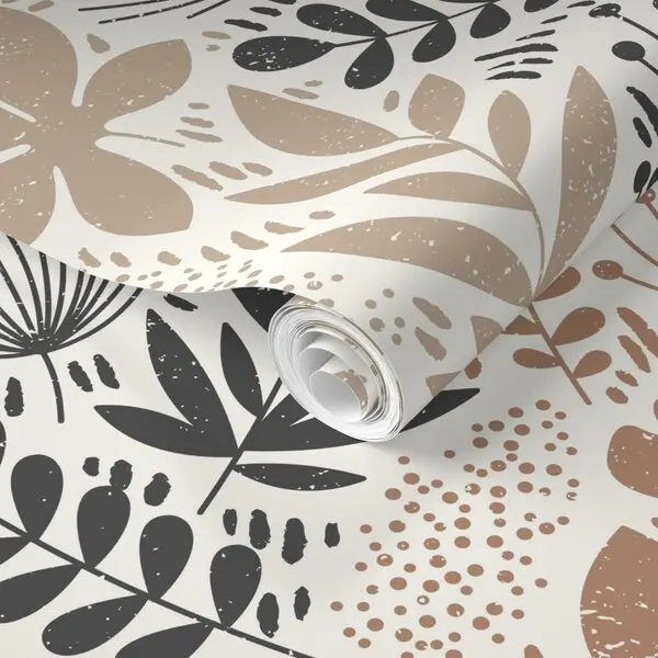 Spoonflower Autumn Botanicals Light Earth Tone Colors Custom Pre-pasted Wallpaper - Beige,black,gray