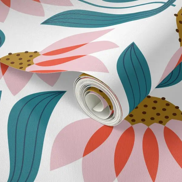 Spoonflower Pink Sun Daisies Flower Daisy Jumbo Scale Modern Custom Pre-pasted Wallpaper - Blue,pink,white