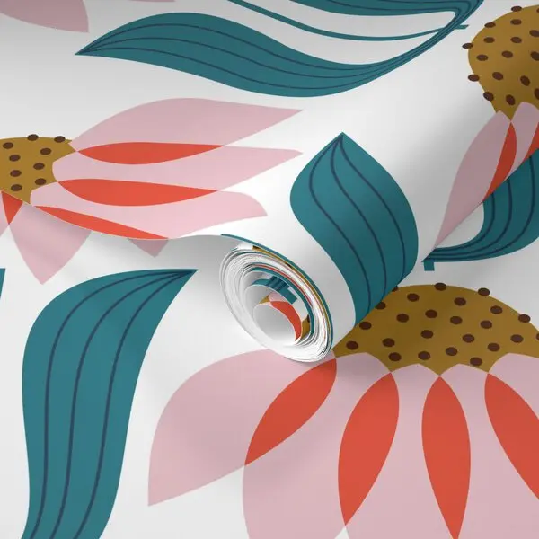 Spoonflower Pink Sun Daisies Flower Daisy Jumbo Scale Modern Custom Pre-pasted Wallpaper - Blue,pink,white