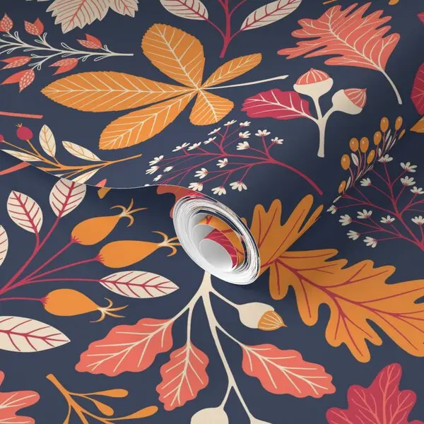 Spoonflower Autumn Botanicals Dark Blue Custom Pre-pasted Wallpaper - Blue,red,beige