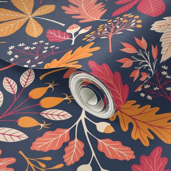 Spoonflower Autumn Botanicals Dark Blue Custom Pre-pasted Wallpaper - Blue,red,beige