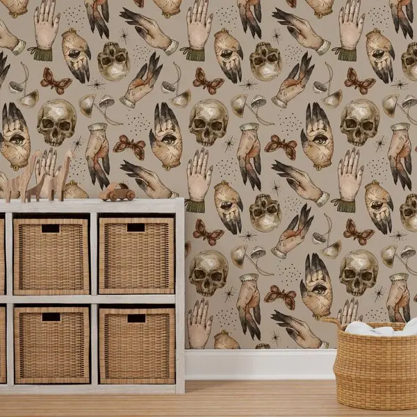 Spoonflower Skull Witch Hands Mushrooms Vintage Sorcerer Custom Pre-pasted Wallpaper
