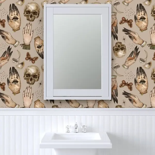 Spoonflower Skull Witch Hands Mushrooms Vintage Sorcerer Custom Pre-pasted Wallpaper