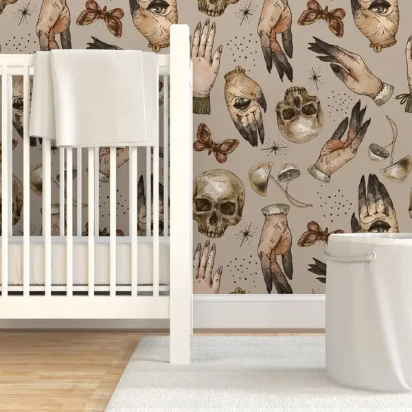 Spoonflower Skull Witch Hands Mushrooms Vintage Sorcerer Custom Pre-pasted Wallpaper