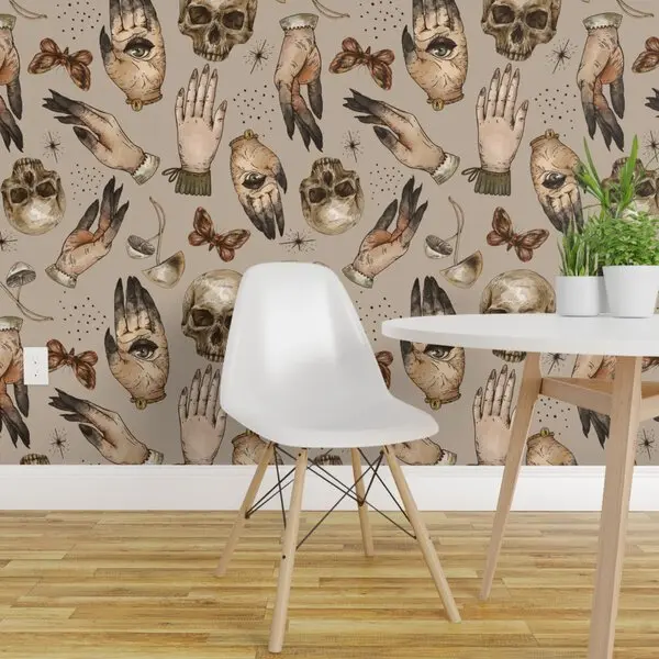 Spoonflower Skull Witch Hands Mushrooms Vintage Sorcerer Custom Pre-pasted Wallpaper