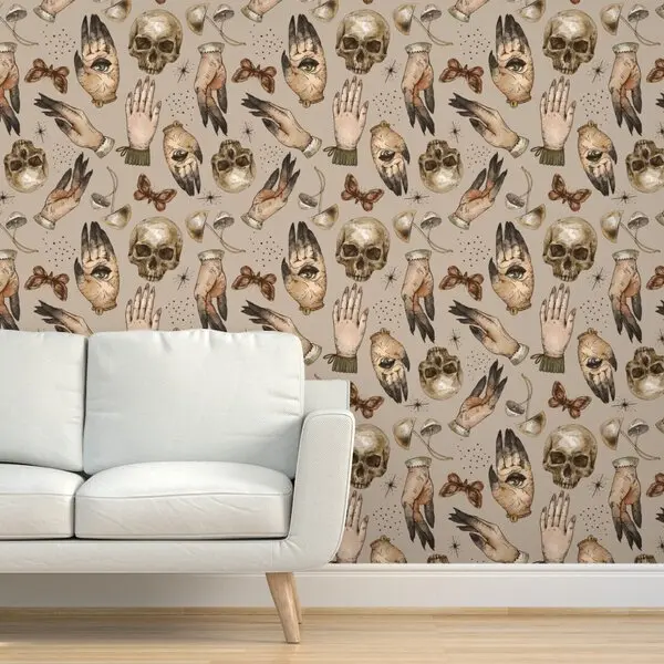 Spoonflower Skull Witch Hands Mushrooms Vintage Sorcerer Custom Pre-pasted Wallpaper