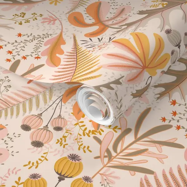 Spoonflower Pink Autumn Fall Foliage Botanicals Custom Pre-pasted Wallpaper - Pink,orange,brown