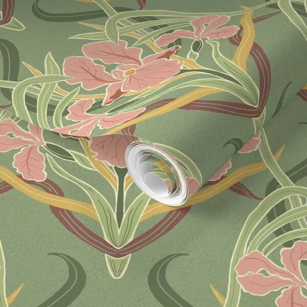 Spoonflower Art Nouveau Iris Pink Green Flowers Floral Custom Pre-pasted Wallpaper - Green,pink,beige