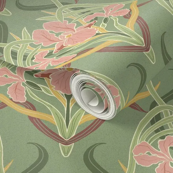 Spoonflower Art Nouveau Iris Pink Green Flowers Floral Custom Pre-pasted Wallpaper - Green,pink,beige