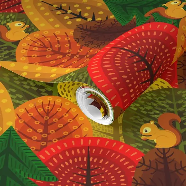 Spoonflower Squirrels Collecting Autumn Nuts Large Custom Pre-pasted Wallpaper - Red,green,orange