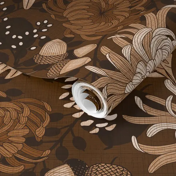 Spoonflower Autumn Foliage Mocha Brown Custom Pre-pasted Wallpaper - Brown,beige