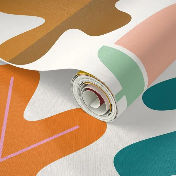 Spoonflower Autumn Oak Tree Mod Colorful On White Custom Pre-pasted Wallpaper - Blue,orange,gray