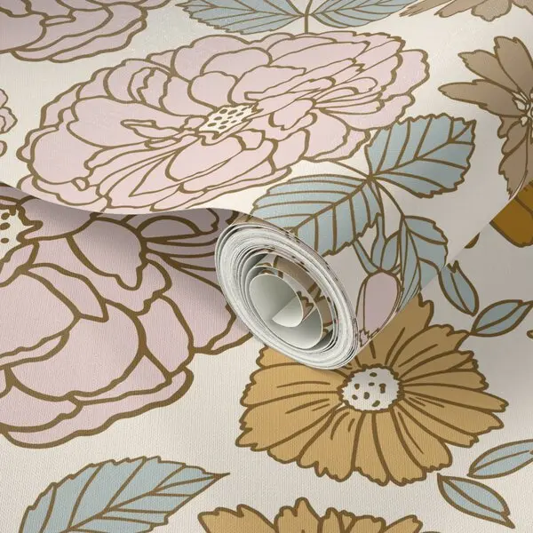 Spoonflower Golden Flower Floral Retro Rose 70s Mustard Gold Custom Pre-pasted Wallpaper - Gold,pink,beige