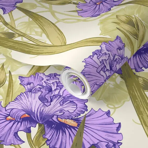 Spoonflower Vintage Purple White Flowers Floral Garden Irises Custom Pre-pasted Wallpaper - Purple,green,beige