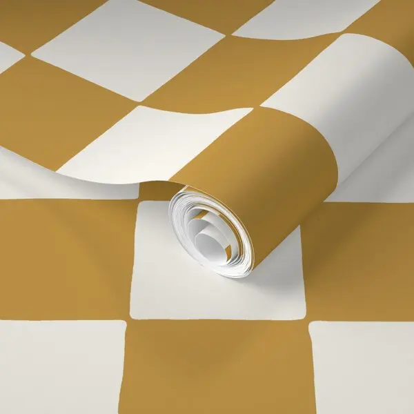 Spoonflower Retro Checkerboard Checkered Mustard Yellow Custom Pre-pasted Wallpaper - Brown,white,gray