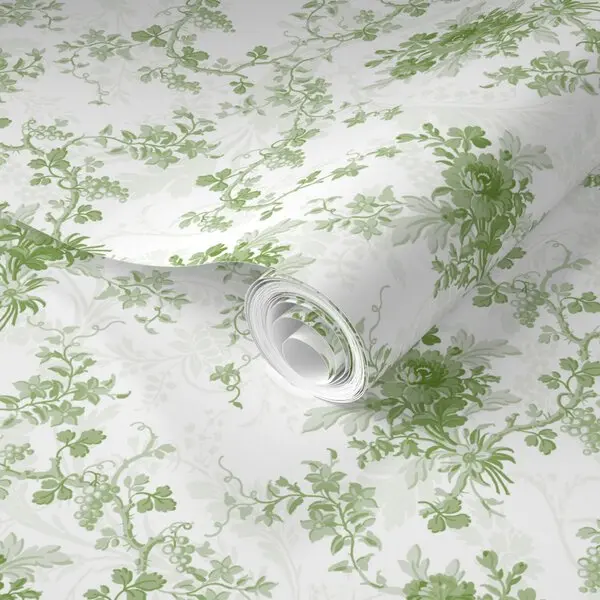 Spoonflower Green Floral Spring Rose Toile Custom Pre-pasted Wallpaper - Green,white,gray