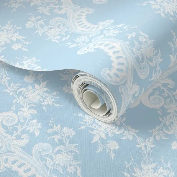 Spoonflower Rosetta Romantic Roses Damask Blue White Toile Custom Pre-pasted Wallpaper - Blue,white