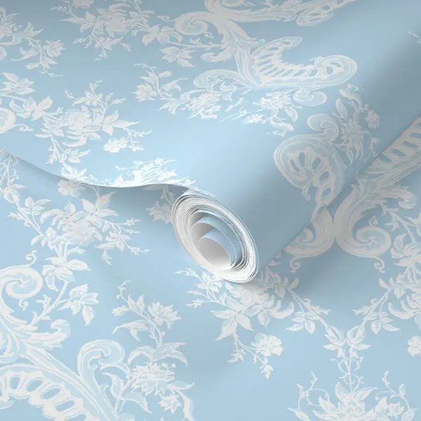 Spoonflower Rosetta Romantic Roses Damask Blue White Toile Custom Pre-pasted Wallpaper - Blue,white