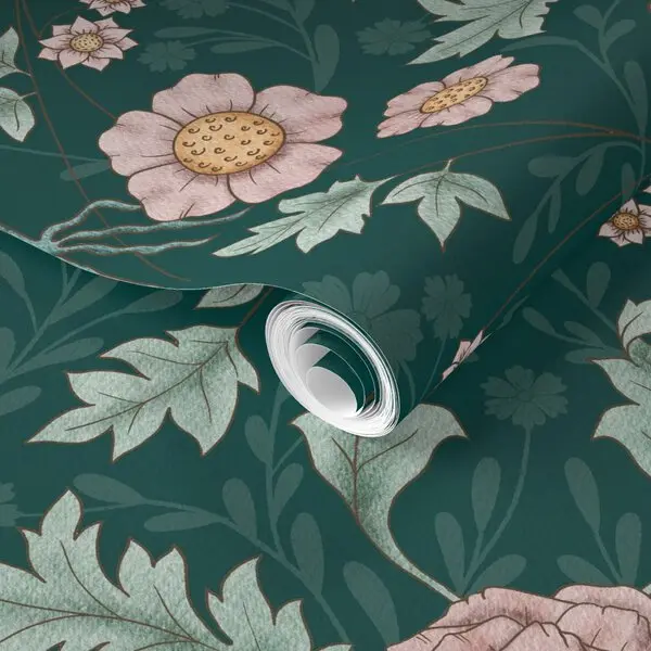 Spoonflower Vintage Floral Teal Art Deco Leaf Climbing Vines Custom Pre-pasted Wallpaper - Green,pink,gray