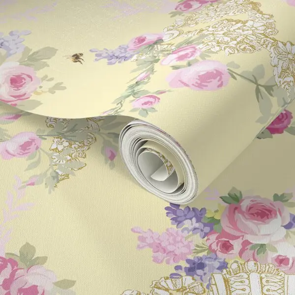 Spoonflower Toile Yellow Flowers Floral Spring Roses Easter Custom Pre-pasted Wallpaper - Yellow,pink,beige