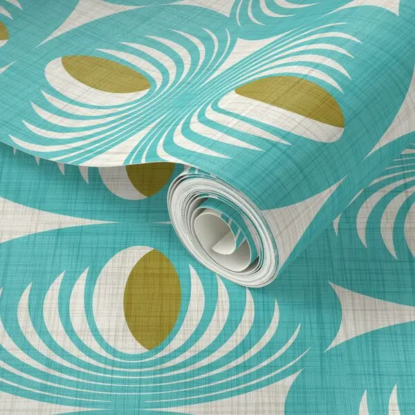 Spoonflower Mid Century Modern Geometric Aqua Green Custom Pre-pasted Wallpaper - Blue,green,turquoise